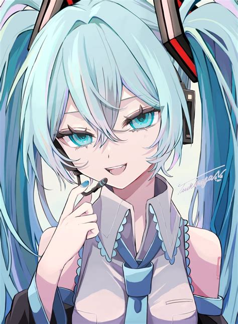 Naguno 0713 Hatsune Miku Vocaloid Highres 1girl D Bare Shoulders Black Sleeves Blue