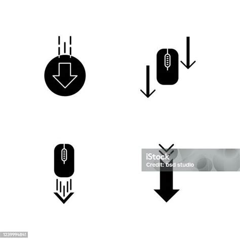 Computer Mouse And Arrowheads Black Glyph Icons Set On White Space Scrolling Down And Uploading