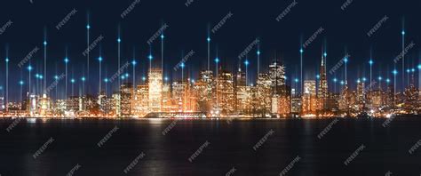 premium photo city night and skyline by water with tech network or