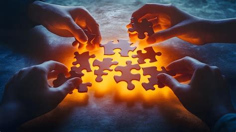 Hands Completing Jigsaw Puzzle Teamwork Concept Premium Ai Generated Image