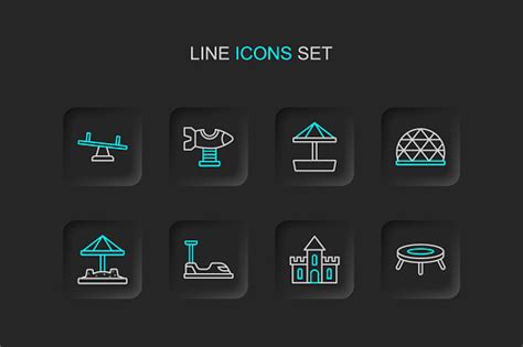 세트 라인 점프 트램펄린 모래성 범퍼카 모래가 있는 샌드박스 놀이터 등반 장비 스윙 비행기 및 시소 아이콘 벡터 건강한 생활방식에 대한 스톡 벡터 아트 및 기타 이미지