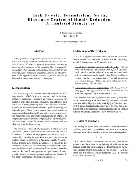 Pdf Task Priority Formulations For The Kinematic Control Of Highly Redundant Articulated