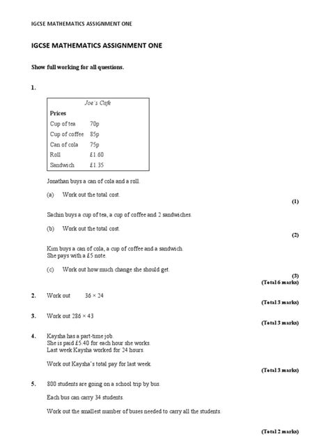 Igcse Mathematics Assignment 1 2011 Pdf Fraction Mathematics Ratio
