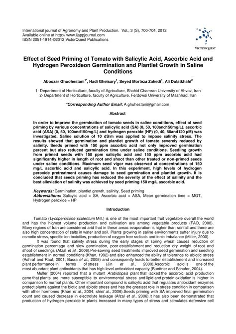 Pdf Effect Of Seed Priming Of Tomato With Salicylic Acid Ascorbic Acid And Hydrogen