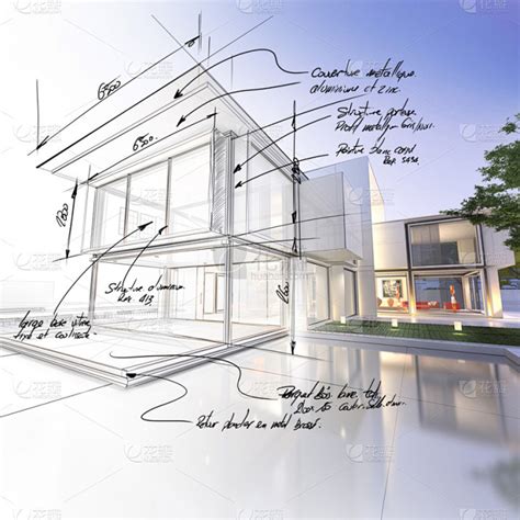 豪宅蓝图建筑计划书线框模型水外立面形状别墅游泳池