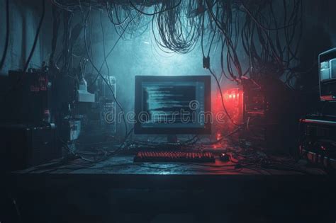 Computer Displaying Source Code On Monitor In Dark Room Full Of Tangled