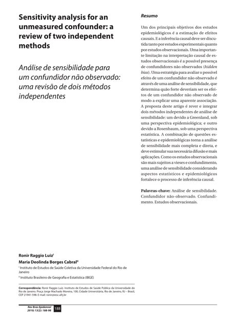 Pdf Sensitivity Analysis For An Unmeasured Confounder A Review Of Two Independent Methods