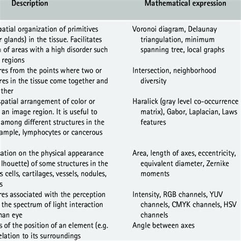 Description Of Hand Crafted Features Used In Lung Pathology Applications Download Scientific
