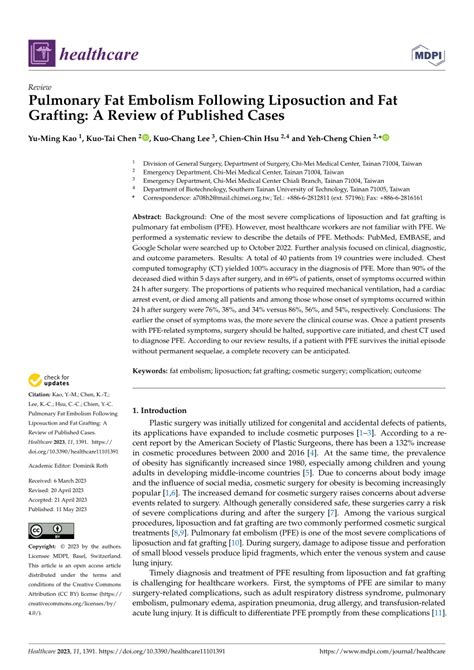 Pdf Pulmonary Fat Embolism Following Liposuction And Fat Grafting A