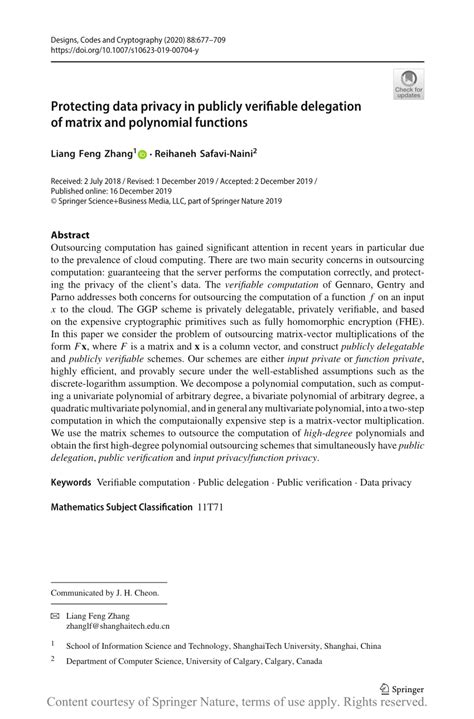 Protecting Data Privacy In Publicly Verifiable Delegation Of Matrix And Polynomial Functions