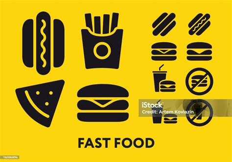 패스트 푸드 기호입니다 핫도그 감자 튀김 햄버거 치즈 버거 햄버거 밀크 쉐이크 소다 피자 슬라이스 금지 된 표지판 벡터 플랫 모양 아이콘 세트입니다 0명에 대한 스톡 벡터