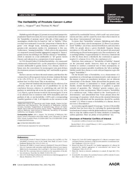 Pdf The Heritability Of Prostate Cancer Letter Thomas Mack