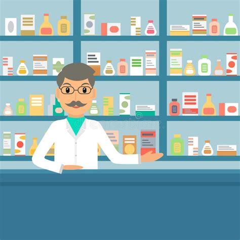Farmacéutico De La Droguería En El Contador Ilustración Del Vector Ilustración De Historieta