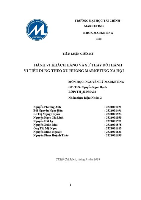 Tiểu luận Marketing Nhóm TIỂU LUẬN GIỮA KỲ HÀNH VI KHÁCH HÀNG VÀ SỰ THAY ĐỔI HÀNH VI TIÊU
