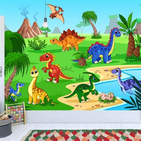 Dinosaur Wall Mural Colourful Cartoon Dinosaur Land Full Wall Mural