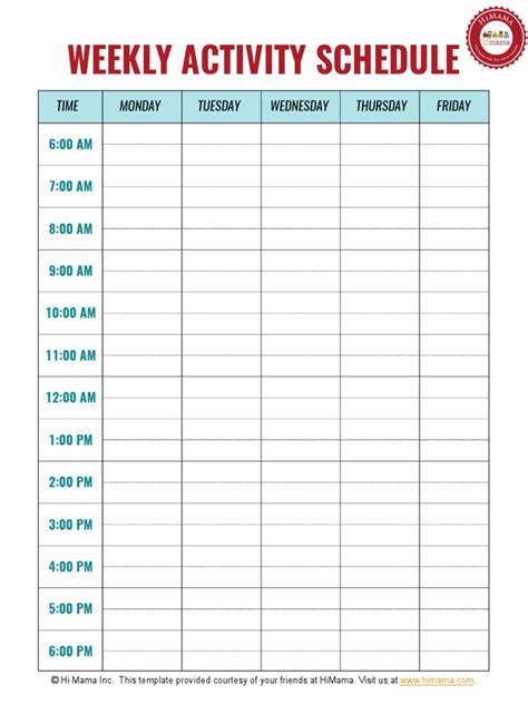 Weekly Activity Schedule Templates Pdf
