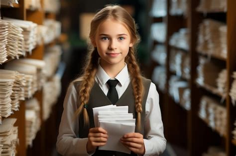 Encantadora Joven Colegiala Vistiendo Uniforme Con Cuaderno En Un Aula