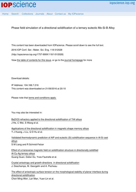 Pdf Phase Field Simulation Of A Directional Solidification Of A Ternary Eutectic Mo Si B Alloy