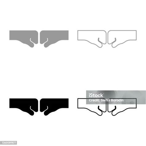 두 주먹 펀치 범프 충돌 저항 대결 세트 아이콘 회색 블랙 컬러 벡터 일러스트 레이션 이미지 플랫 스타일 솔리드 필 윤곽 윤곽