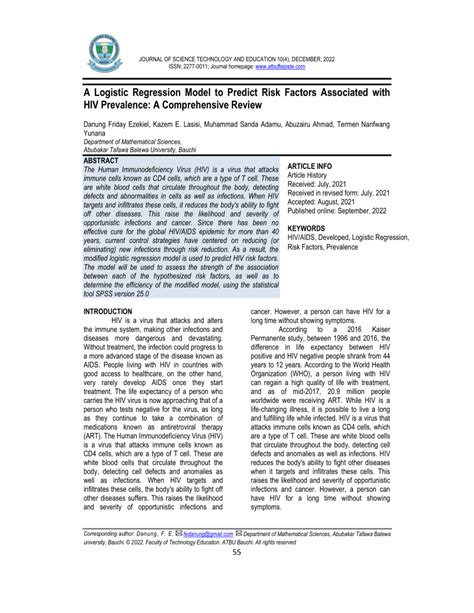 Pdf A Logistic Regression Model To Predict Risk Factors Associated