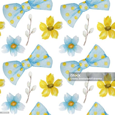원활한 부활절 패턴 아름다운 밝은 색상 수채화 꽃 녹색 잎 흰색 배경에 버드 나무와 봄 노란색 파란색 꽃입니다 초대 포스터 카드 직물 질감을위한 디자인 가리기에 대한 스톡