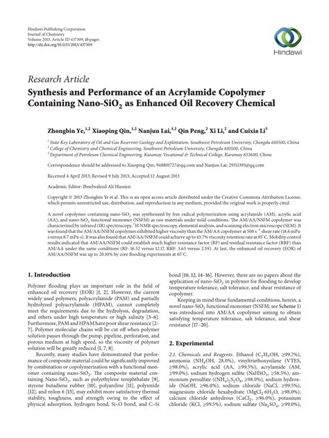 Pdf Synthesis And Performance Of An Acrylamide Copolymer Containing