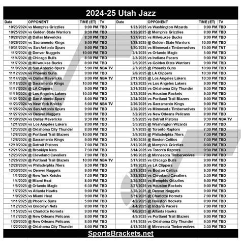 Printable 2025 26 Utah Jazz Schedule Tv Broadcasts And Matchups
