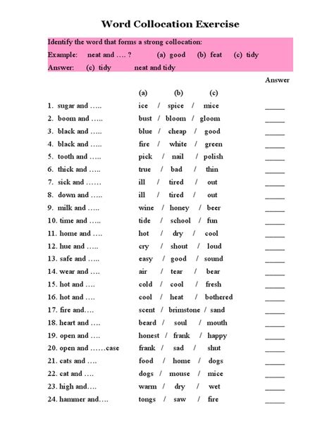 Word Collocation Exercise Pdf Foods