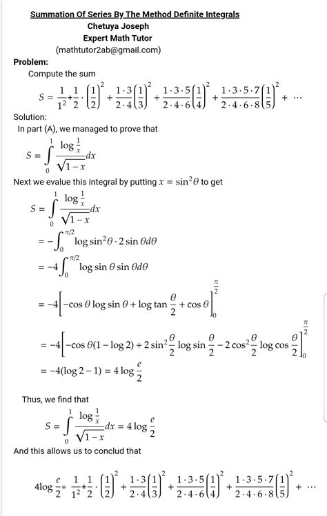 Summation Of Infinite Series By Means Of Definite Integrals R Calculus