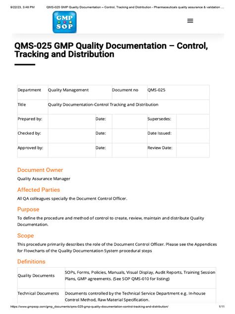 Qms 025 Gmp Quality Documentation Control Tracking And Distribution