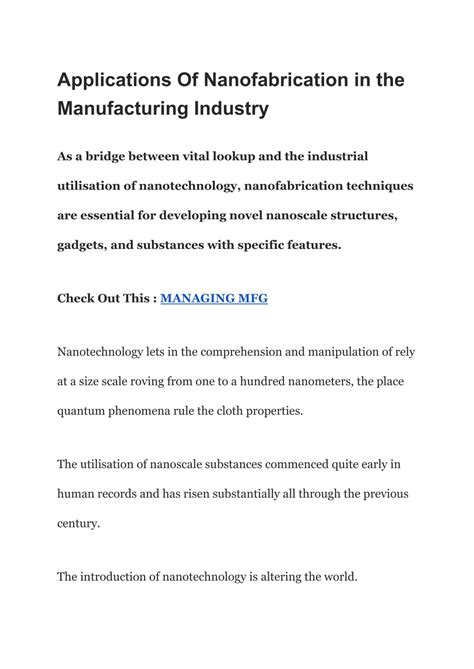 Ppt Applications Of Nanofabrication In The Manufacturing Industry Powerpoint Presentation Id
