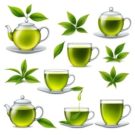 Premium Vector Green Tea Vector Set White Background Isolated