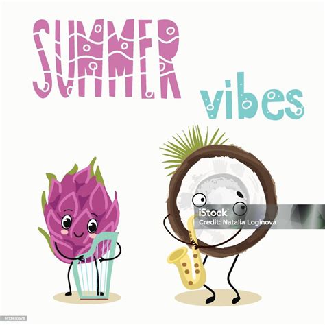 재미있는 캐릭터의 벡터 일러스트레이션 만화 피타하야 피타하야 드래곤 과일은 플루트를 연주하고 코코넛은 색소폰을 연주합니다 레터링