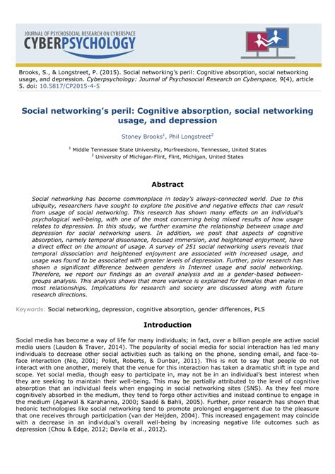 Pdf Social Networking S Peril Cognitive Absorption Social Networking Usage And Depression
