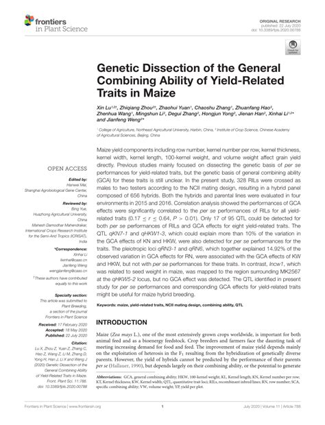 Pdf Genetic Dissection Of The General Combining Ability Of Yield Related Traits In Maize