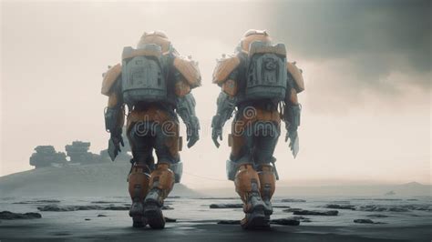 space mission dynamic action sequences of armored figures in gray and