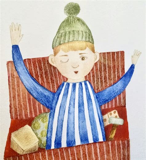 Иллюстрация Мальчик в коробке с игрушками в стиле графика