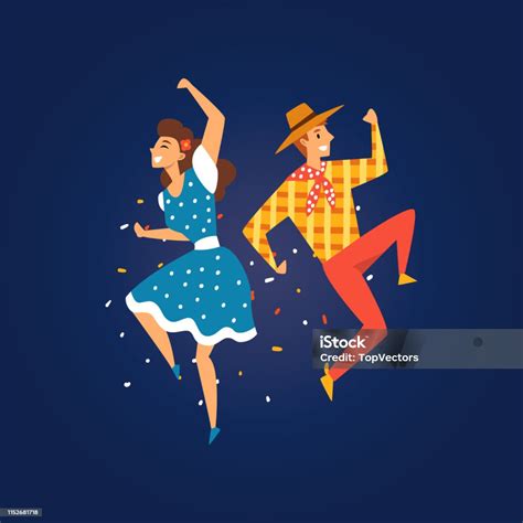 페 스타 준 나 브라질 전통 6 월 축제 행복 한 젊은 남자와 여 자가 밤 민속 파티 벡터에서 춤 Illustratio 춤에 대한 스톡 벡터 아트 및 기타 이미지 Istock