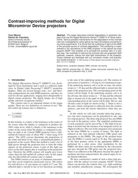Pdf Contrast Improving Methods For Digital Micromirror Device Projectors