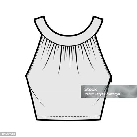 크롭 탑 라운드 넥 밴드 탱크 테크니컬 패션 일러스트러 장착 버튼 키홀 허리 길이 0명에 대한 스톡 벡터 아트 및 기타 이미지