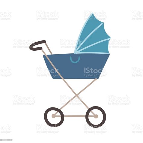 베이비 캐리지 플랫 핸드 그린 아이콘 흰색 배경이 분리된 유모차의 측면 보기입니다 벡터 색상 그림입니다 0명에 대한 스톡 벡터