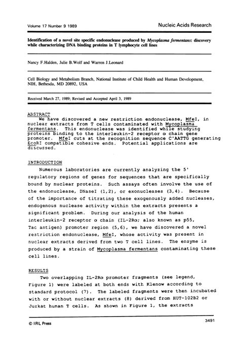 Pdf Identification Of A Novel Site Specific Endonuclease Produced By Mycoplasma Fermentans