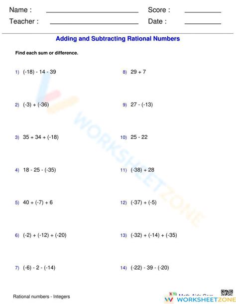 rational integers add sub rational numbers worksheet