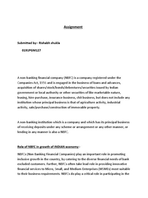 Assignment Submitted By Rishabh Shukla 0191pgm127 Pdf Non Bank Financial Institution