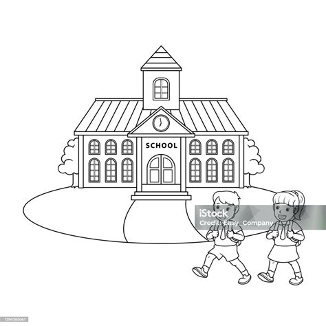 학교에 가는 소녀와 소년의 사진과 함께 어린이 활동 색칠 공부 책 페이지의 흑백 벡터 그림 교육에 대한 스톡 벡터 아트 및 기타 이미지 Istock