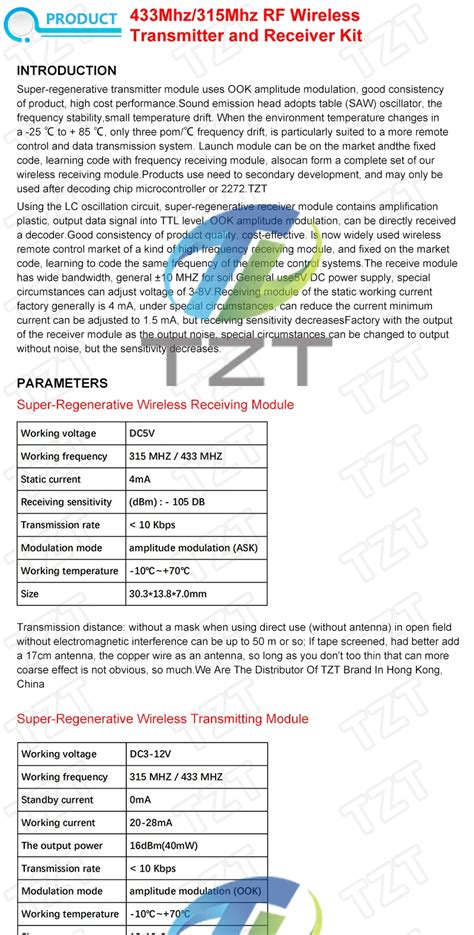 TZT Smart Electronics Mhz RF Transmitter And Receiver Module Link Kit For Arduino ARM MCU WL