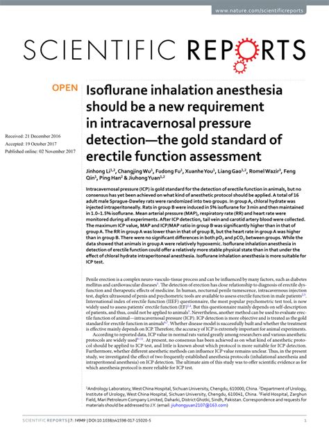 Pdf Isoflurane Inhalation Anesthesia Should Be A New Requirement In Intracavernosal Pressure