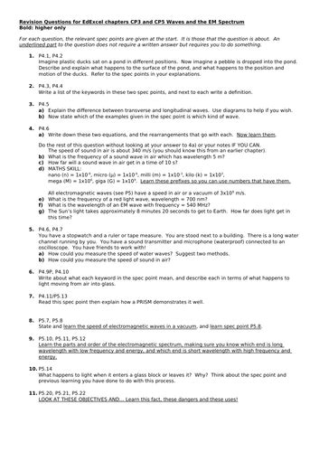 Edexcel Gcse Comb Sci Cp4and5 Waves And Em Revision Teaching Resources