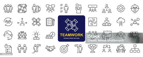선 스타일의 웹 아이콘의 팀 작업 집합입니다 팀워크와 비즈니스 협력 아이콘은 웹과 모바일 앱입니다 파트너십 시너지 상호 작용 관리 협업 회의 직장 등 계획에 대한 스톡 벡터