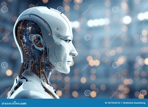 Cyborg Android Robot Working With Laptop Control Panel System Network